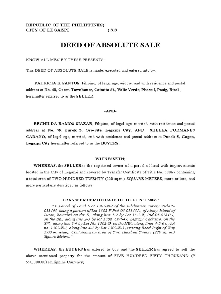 Deed of Absolute Sale (Santos_siazar) | Sales | Philippines