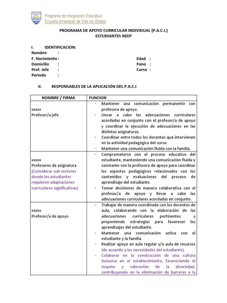 Programa de Apoyo Curricular Individual | PDF | Maestros | Evaluación
