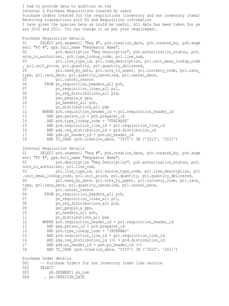 SQL Queries To Get Requisition, PO and PO Receipt Details | Download Free PDF | Oracle Database ...
