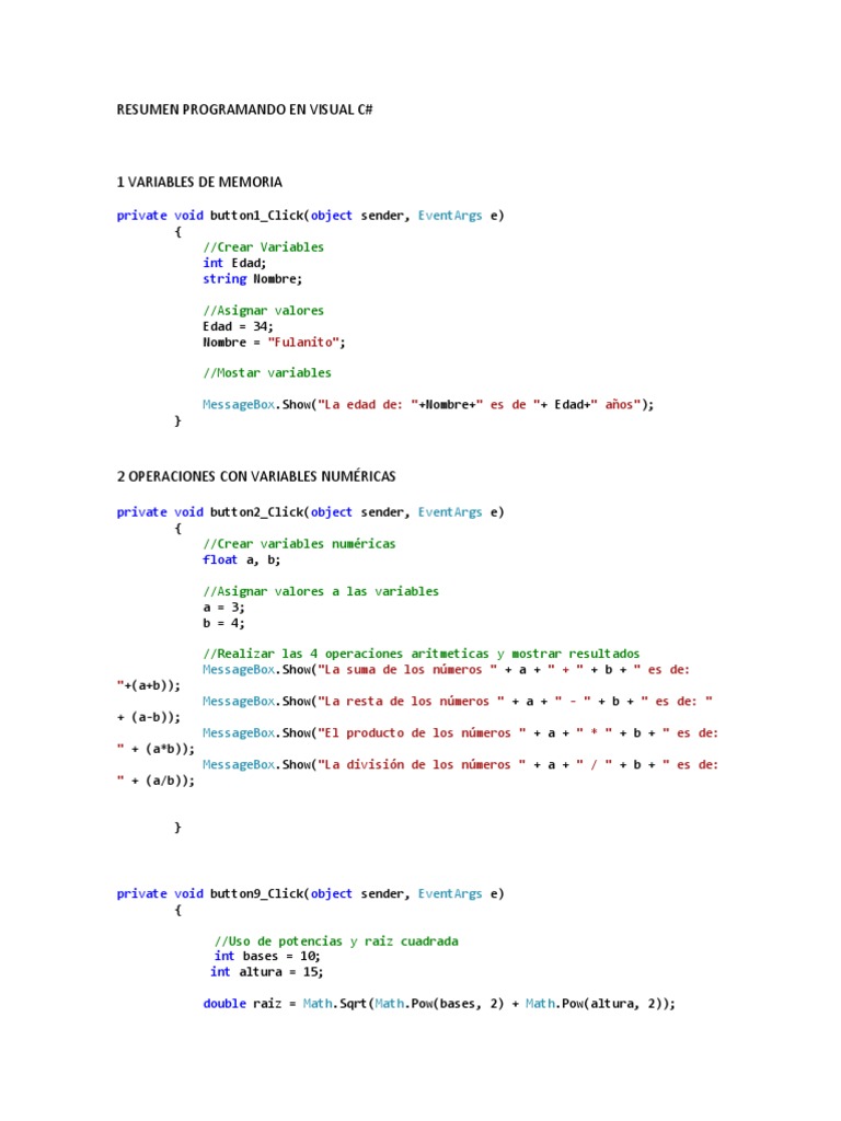 Resumen Programando en Visual C# | PDF | C Sharp (lenguaje de ...