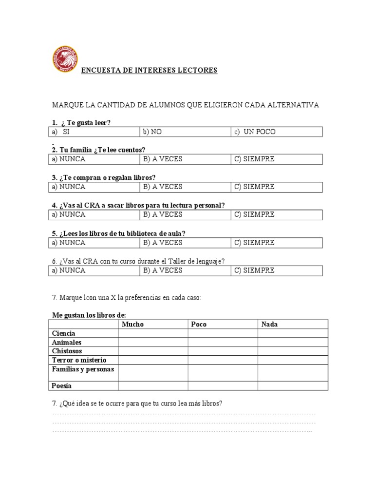 Encuesta de Intereses Lectores para Niños | PDF | Artes del Lenguaje y ...