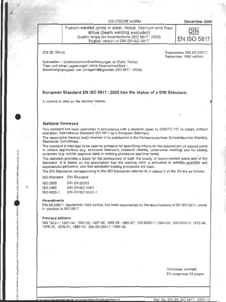 DIN 5817 Fusion Welded Joints in Steel, Nickel, Titanium and Their ...