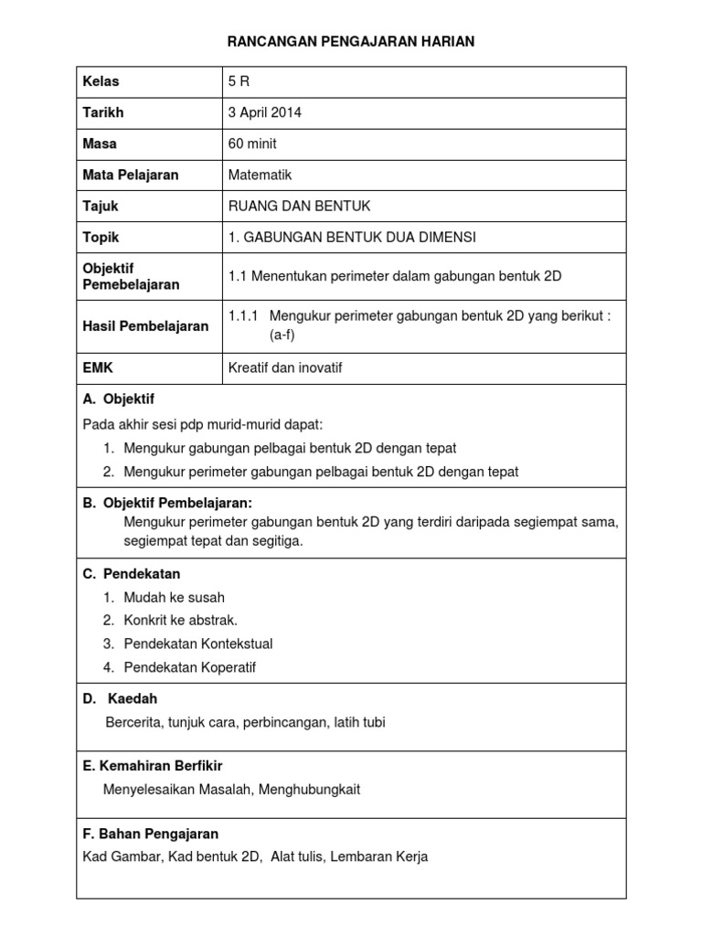 RPH Perimeter Tahun 5 | PDF | Karier & Perkembangan | Metode & Bahan Ajar
