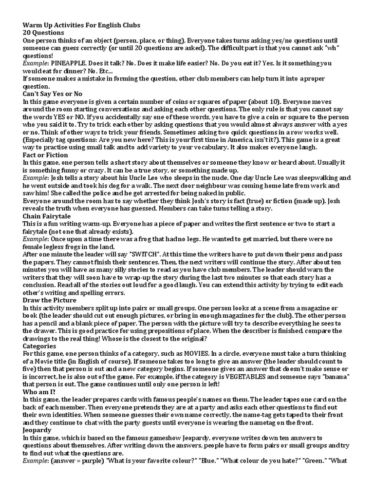 Warm Up Activities | Question | Classroom