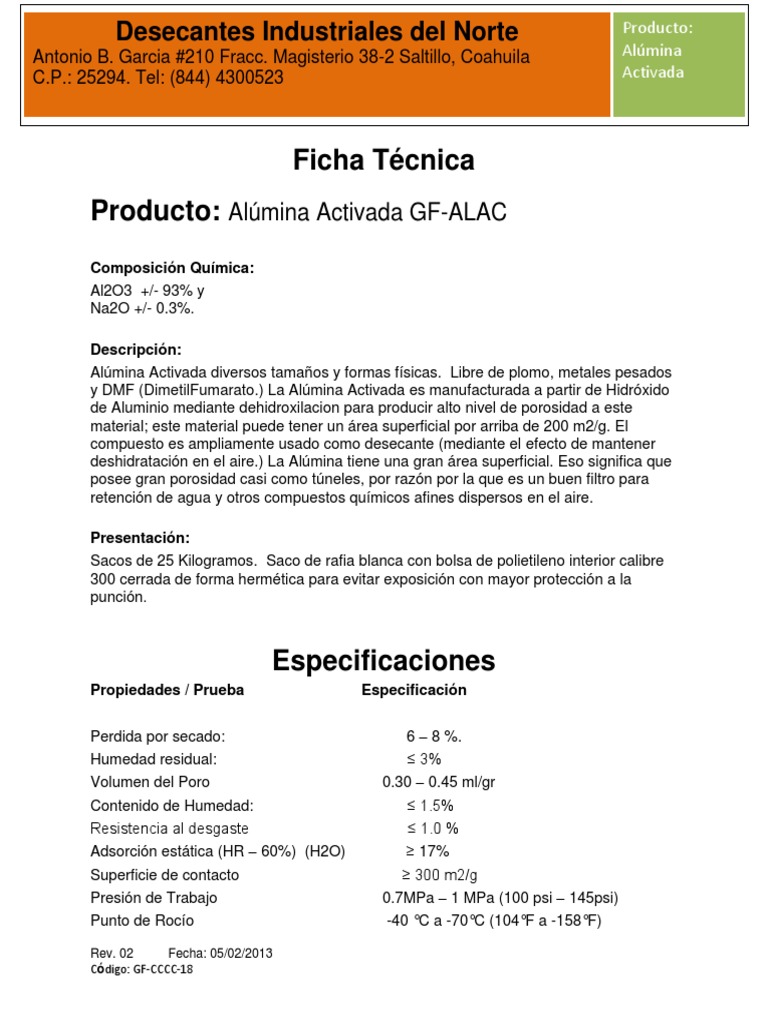 Ficha Técnica Alumina Activada | PDF