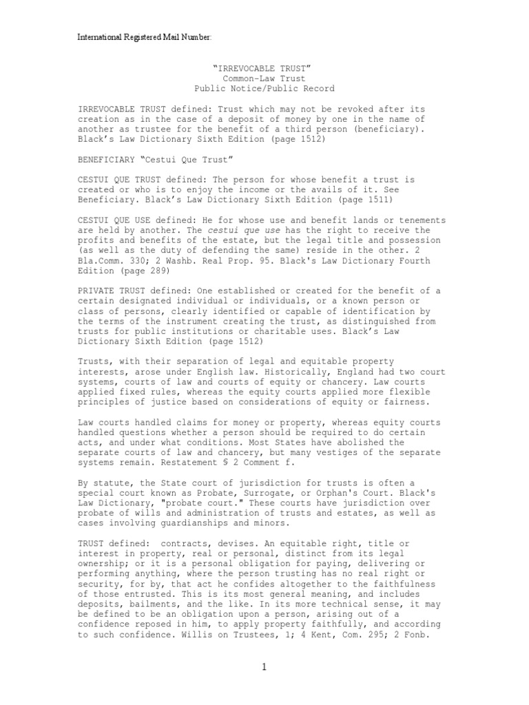 "IRREVOCABLE TRUST" Common-Law Trust | PDF | Trust Law | Fiduciary
