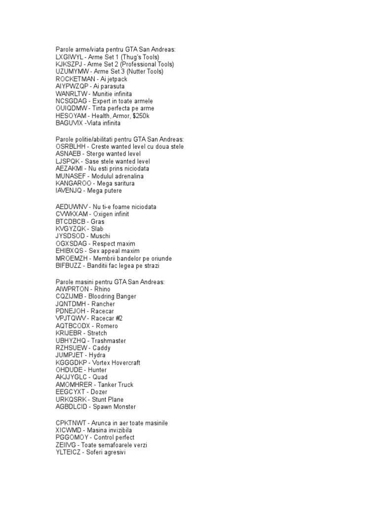 Coduri Gta San Andreas | PDF