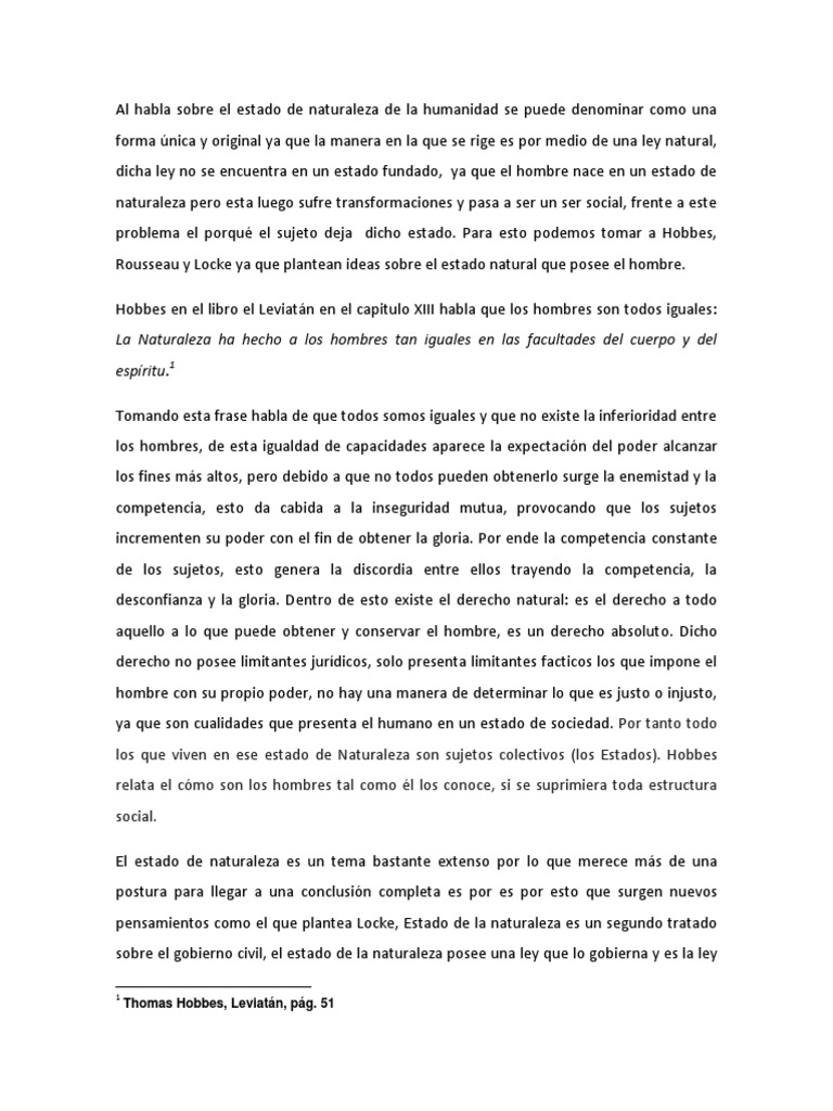 El Estado de Naturaleza de La Humanidad | PDF | Thomas Hobbes | Jean ...