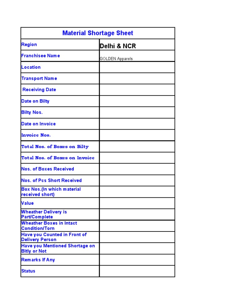 Material Shortage Format | PDF