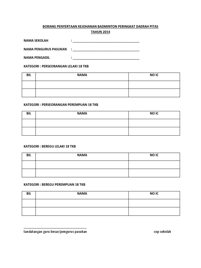 Borang Penyertaan Kejohanan Badminton Peringkat Daerah Pitas | PDF