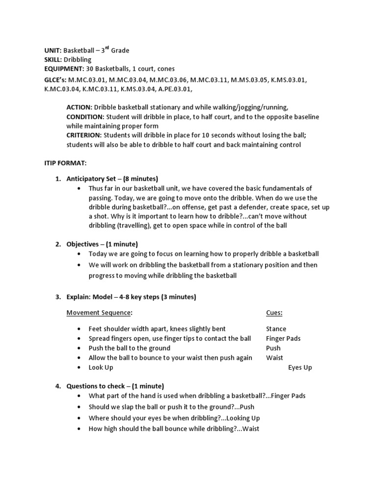 Elementary Lesson Plan - Basketball Dribble | PDF | Leisure | Games Of ...