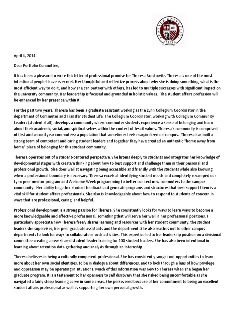Portfolio Letter of Professional Promise For Theresa Brostowitz | PDF ...