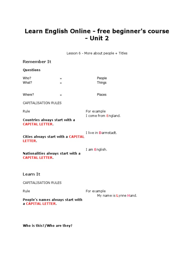 Learn English Online - Free Beginner's Course - Unit 2: Remember It ...