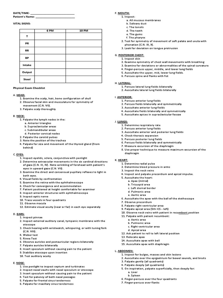 Physical Exam Checklist | PDF | Anatomical Terms Of Motion | Lung