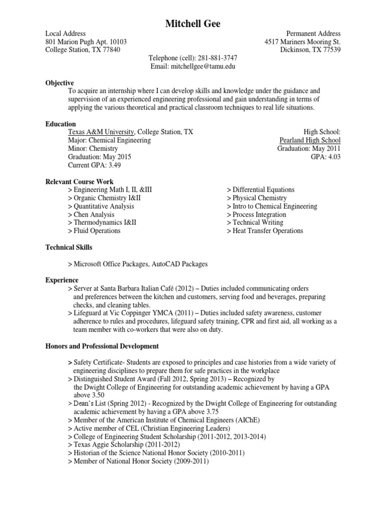 Chemical Engineering Internship Resume | PDF | Technology & Engineering