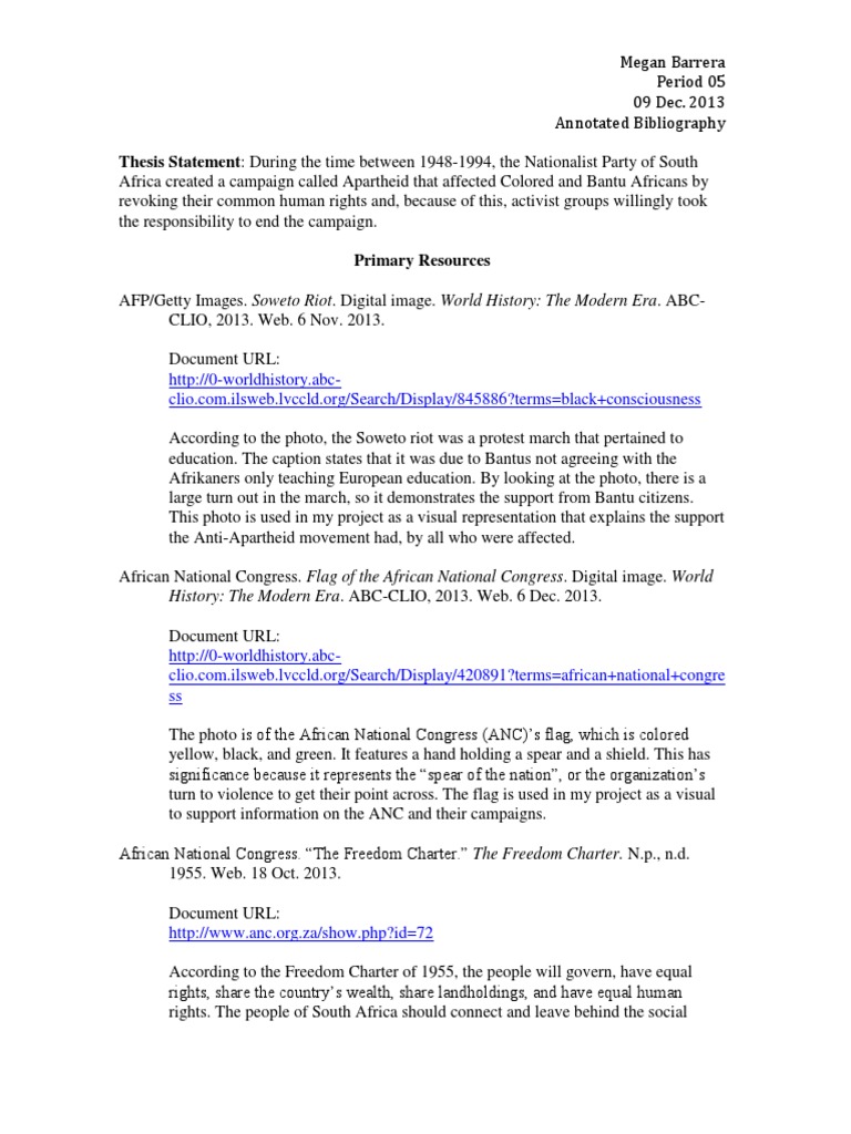 NHD Annotated Bibliography | PDF | Apartheid | African National Congress