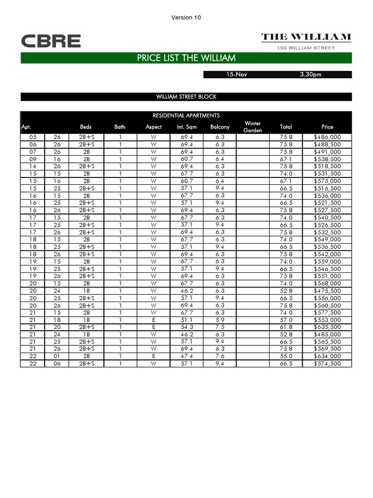 William Street Apartments Price List | PDF | Travel