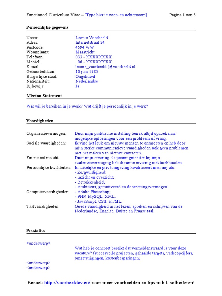 Gratis Voorbeeld Functioneel Cv Vaardigheden