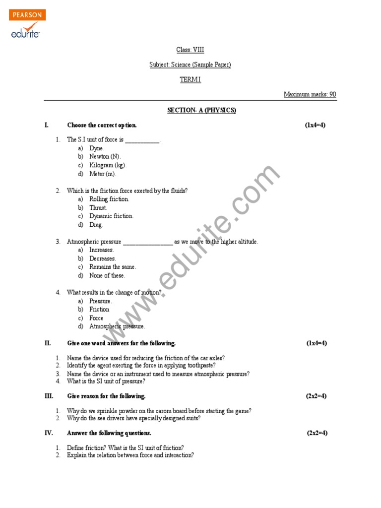 Class 8 Cbse Science Sample Paper Term 1 Model 2 | PDF | Force | Gases