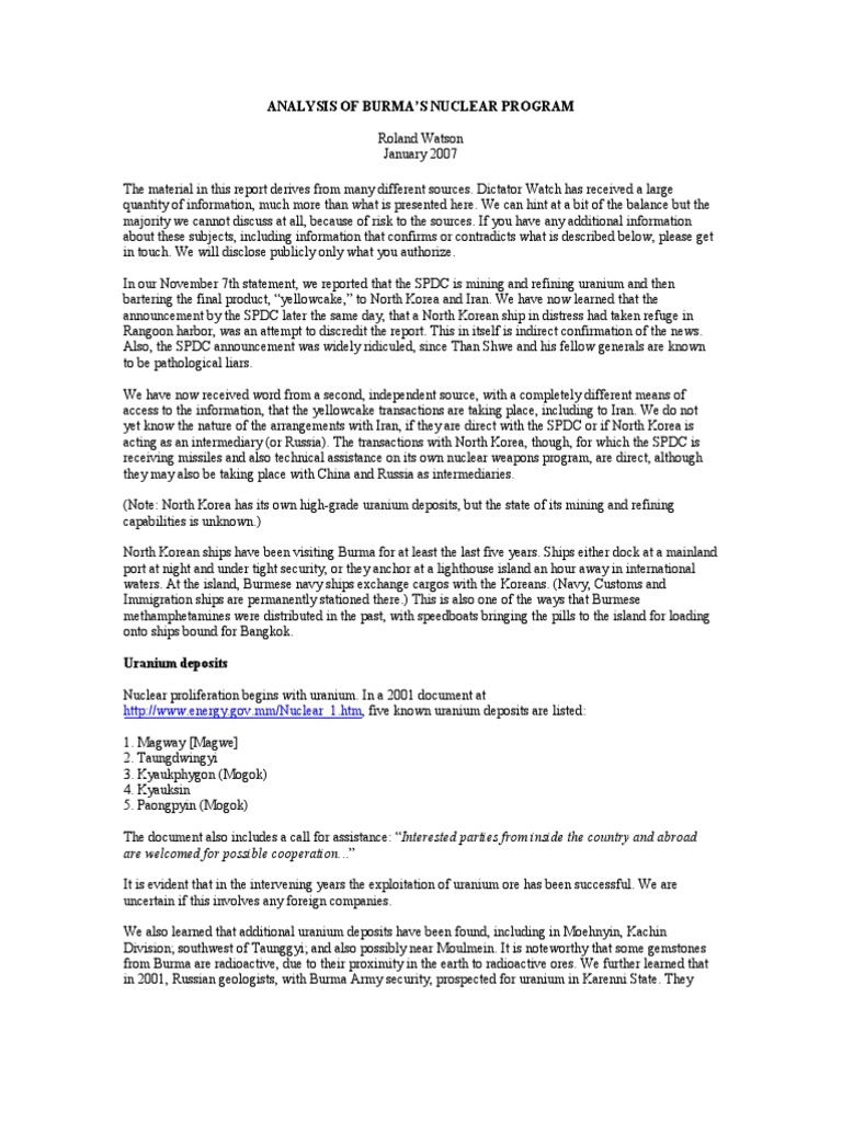 Burma's Nuclear Program Analysis | PDF | North Korea And Weapons Of ...