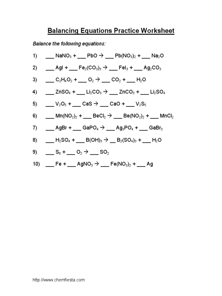 Balancing Chemical Equations Worksheet | PDF | Chemistry | Nature