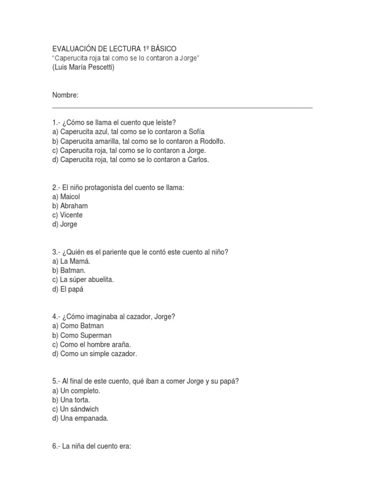 Evaluación de Lectura 1º Básico | Descargar gratis PDF | Cuentos | Lobo ...