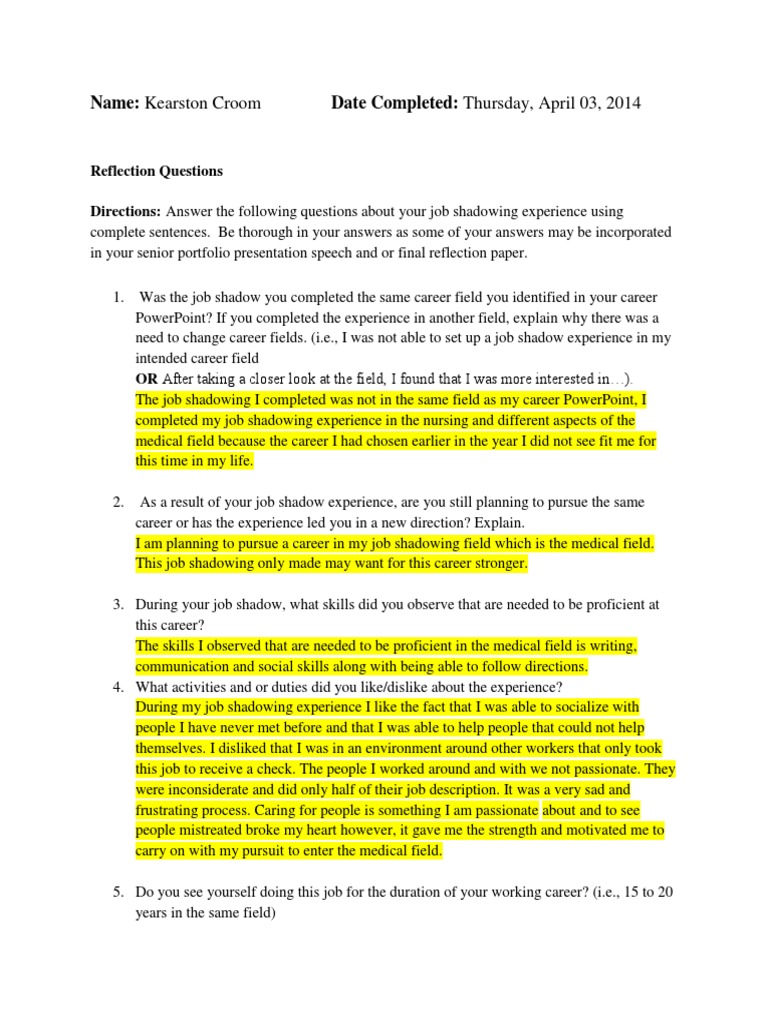 Job Shadowing Reflection | PDF | Mentorship | Cognitive Science