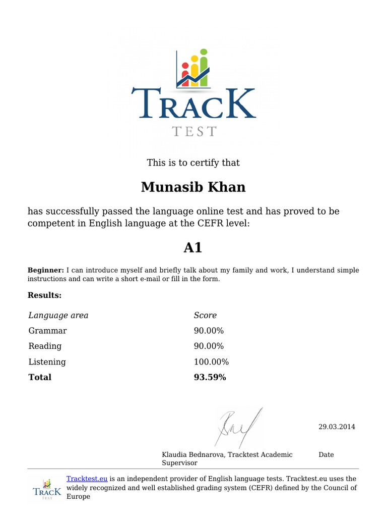 Tracktest A1 English Test Certificate | PDF | Career & Growth