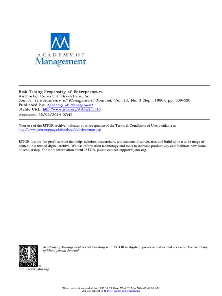 Risk Taking Propensity of Entrepreneurs BROCKHAUS | PDF | Statistical ...