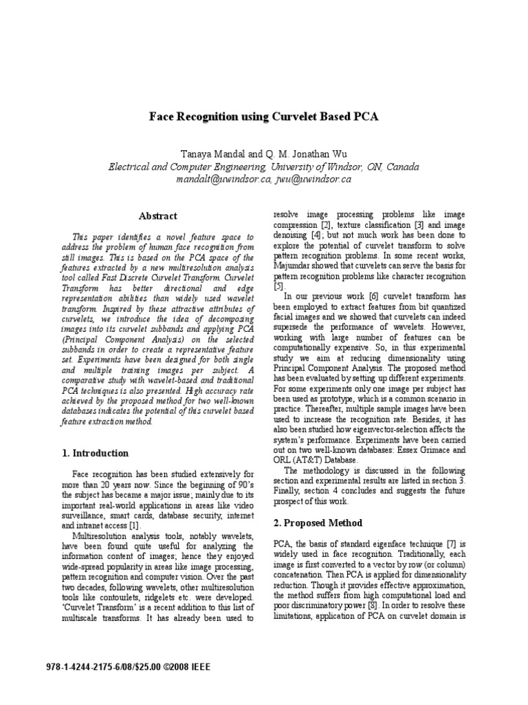 Face Recognition Using Curvelet Based PCA | PDF | Principal Component Analysis | Wavelet