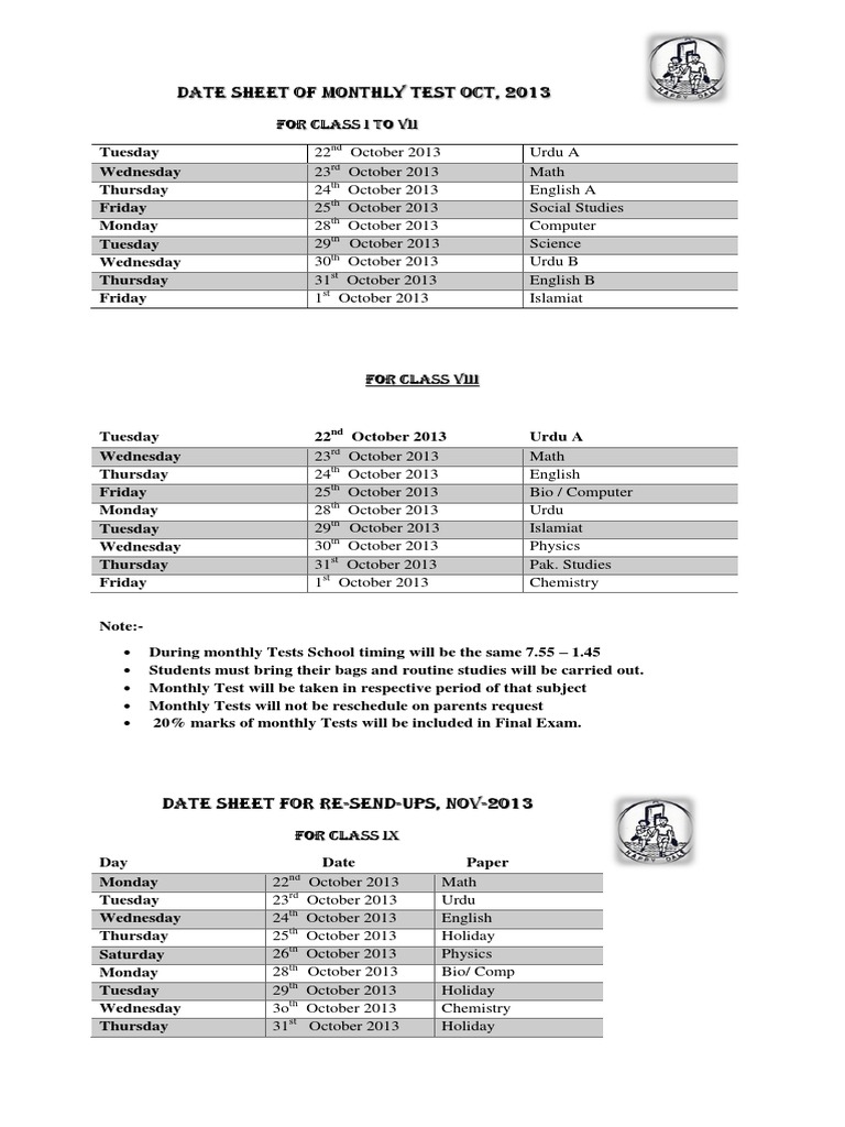Date Sheet of Monthly Test | Qualifications | Test (Assessment)