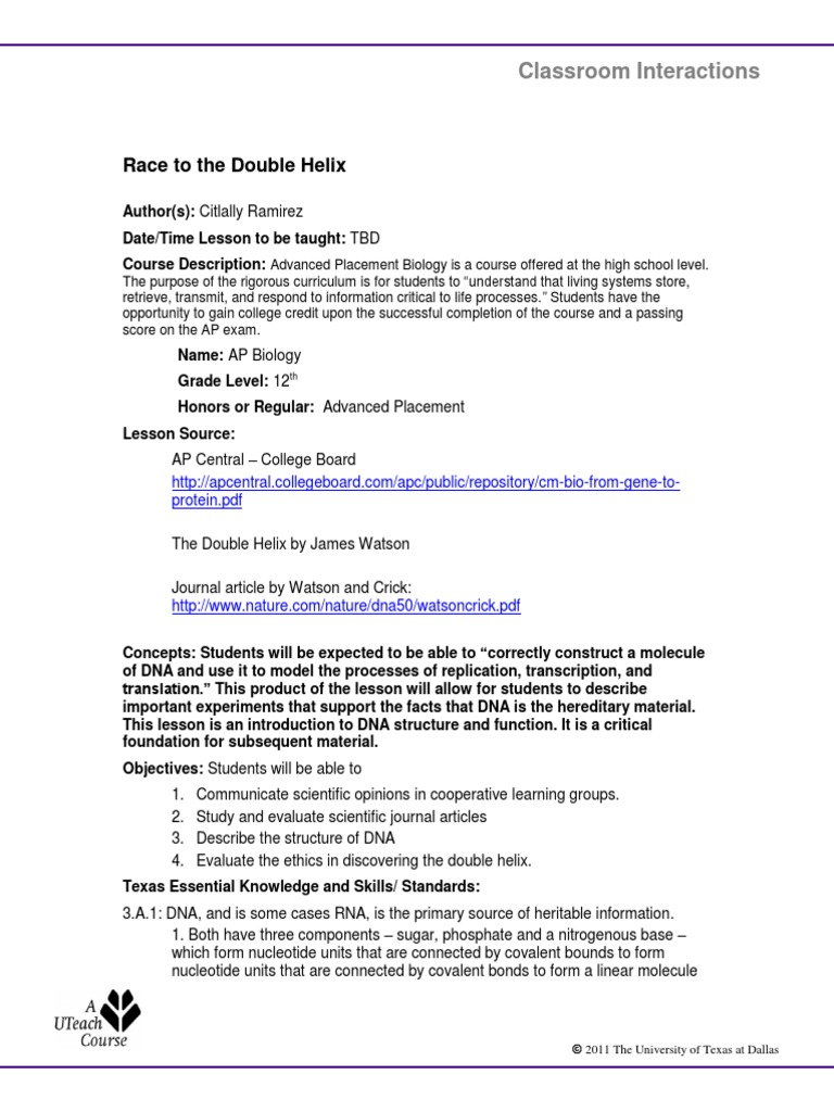 Race To The Double Helix | PDF | Nucleic Acid Double Helix | Dna