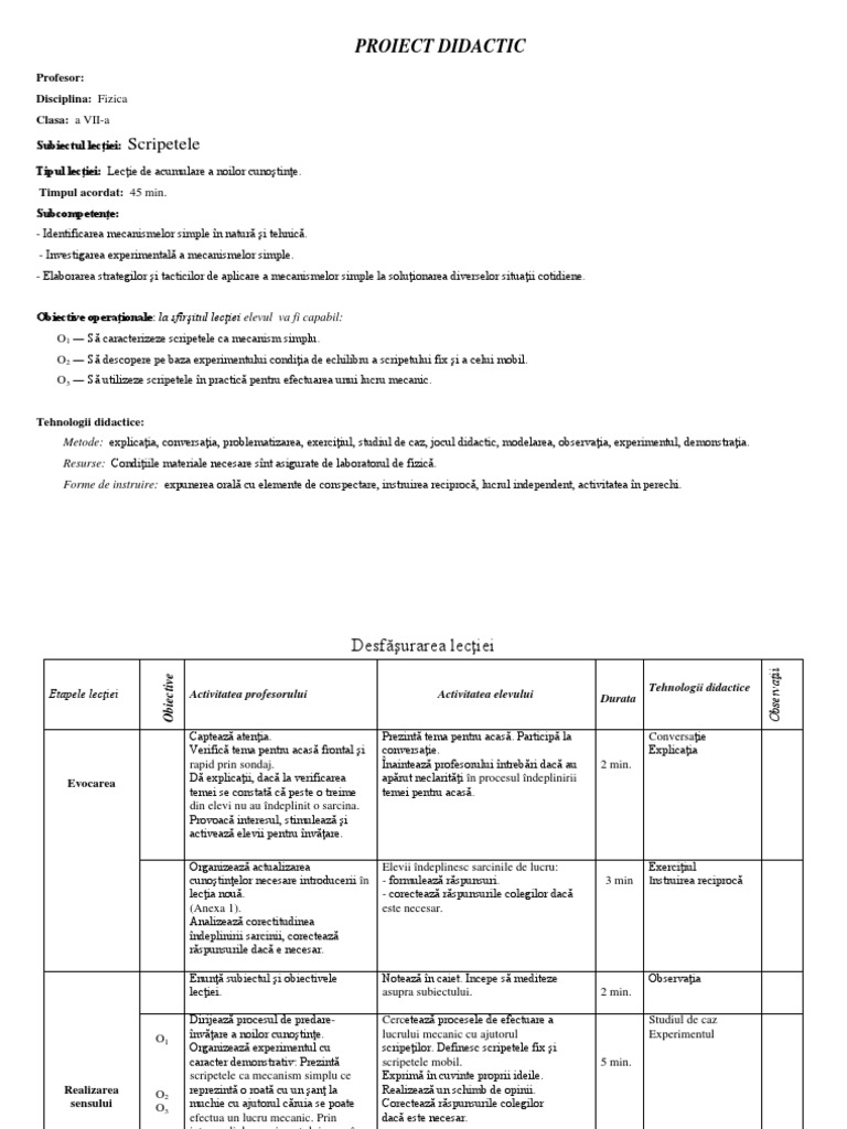 Proiect Didactic CL 7 Fiy | PDF