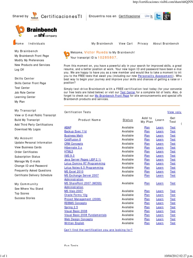 My Brainbench profile and certification tests | PDF | Ibm Notes | Email
