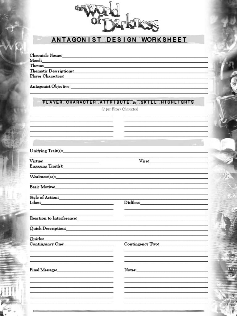 Antagonist Design Worksheet: Player Character Attribute & Skill ...