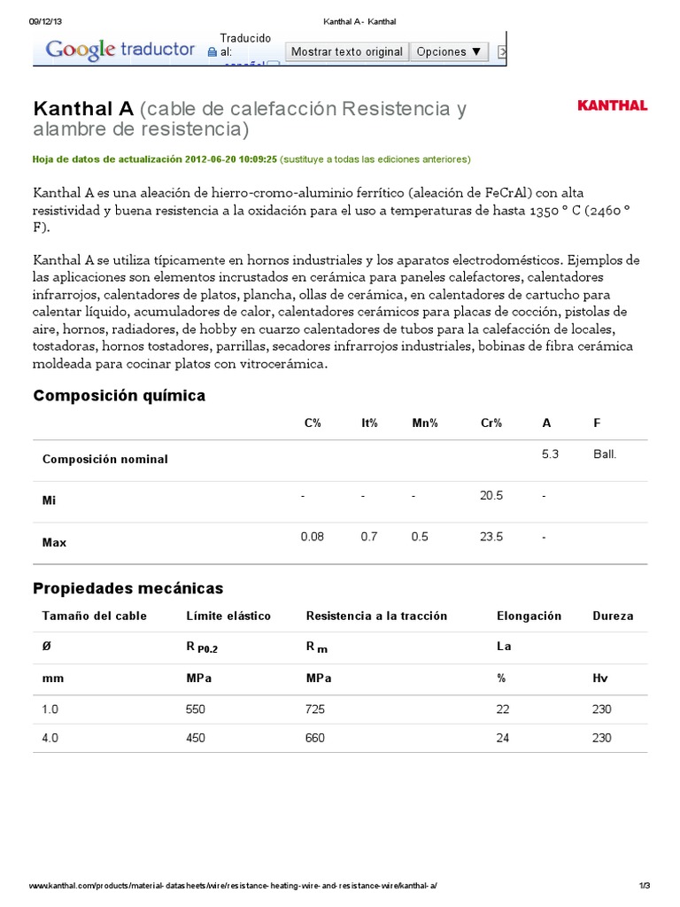 Kanthal A - Kanthal | PDF | Materiales | Cantidades fisicas