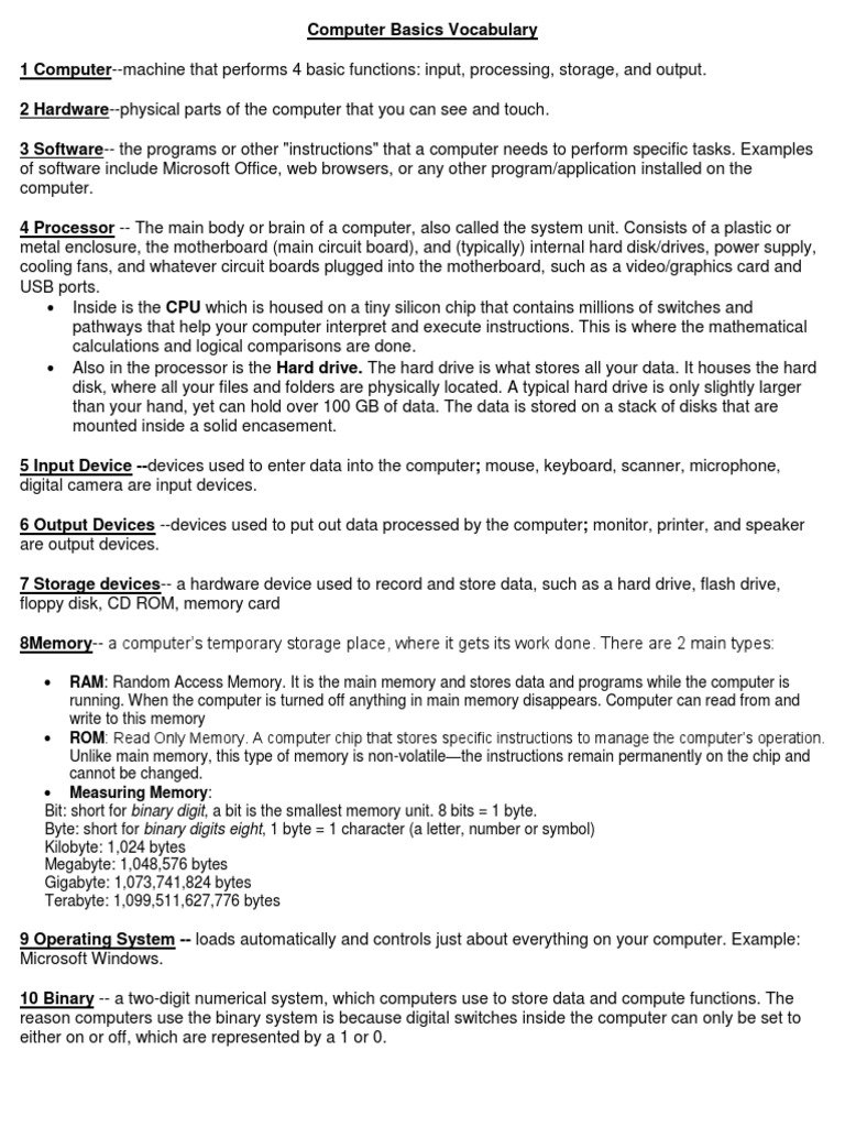 Computer Basics Vocabulary List | PDF | Computer Data Storage | Input ...