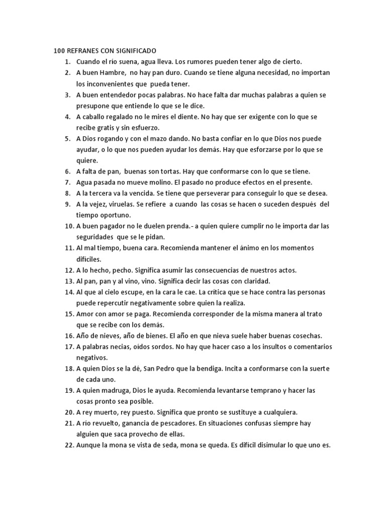 100 refranes populares españoles y sus significados | PDF | Vino | Amor