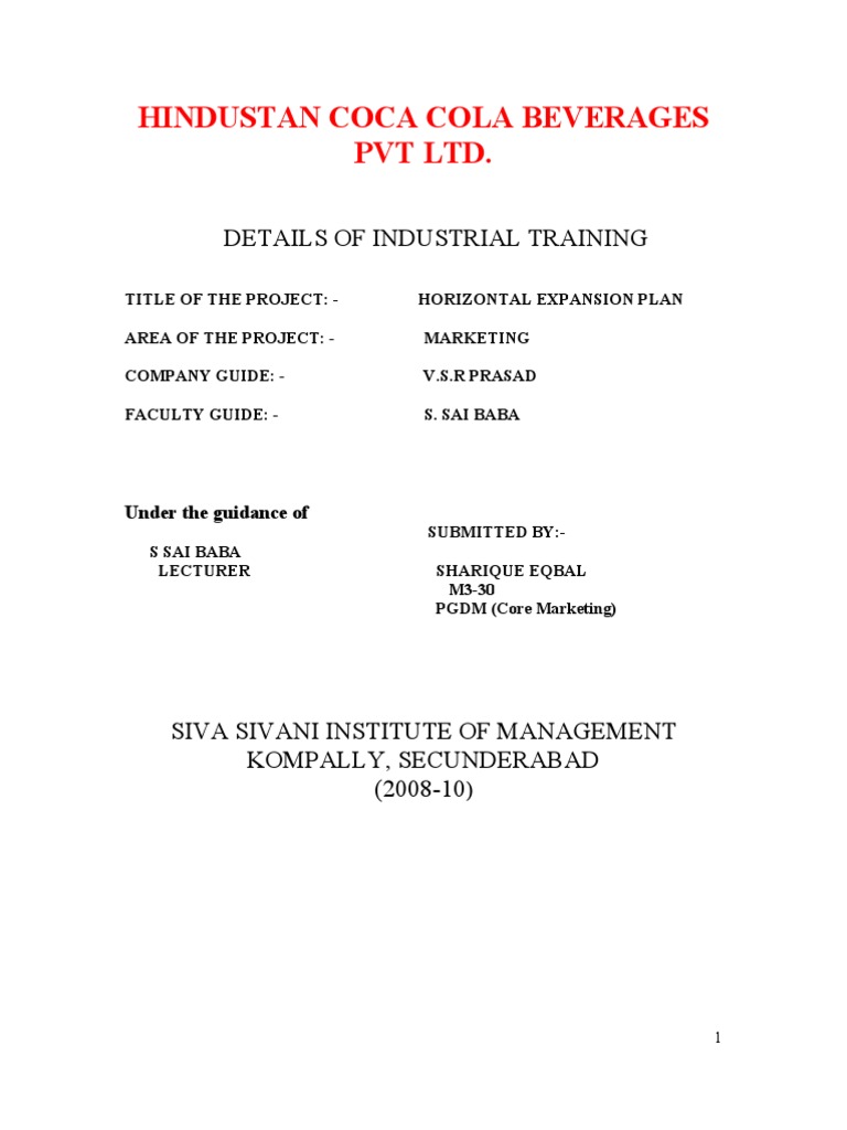 Hindustan Coca Cola Beverages PVT LTD.: Details of Industrial Training | PDF | Coca Cola | Pepsi Co