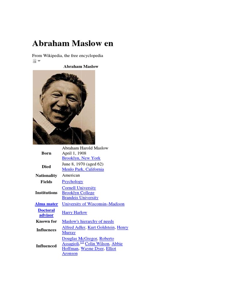 Abraham Maslow En | Self Actualization | Behavioural Sciences
