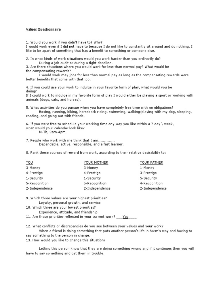 Personal Values and Work Preferences | PDF | Self-Improvement | Wellness