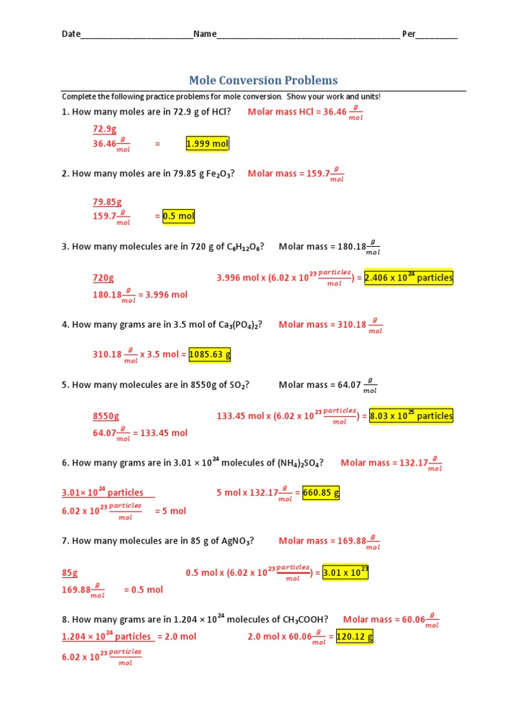 Mole Conversion Problems Key | PDF