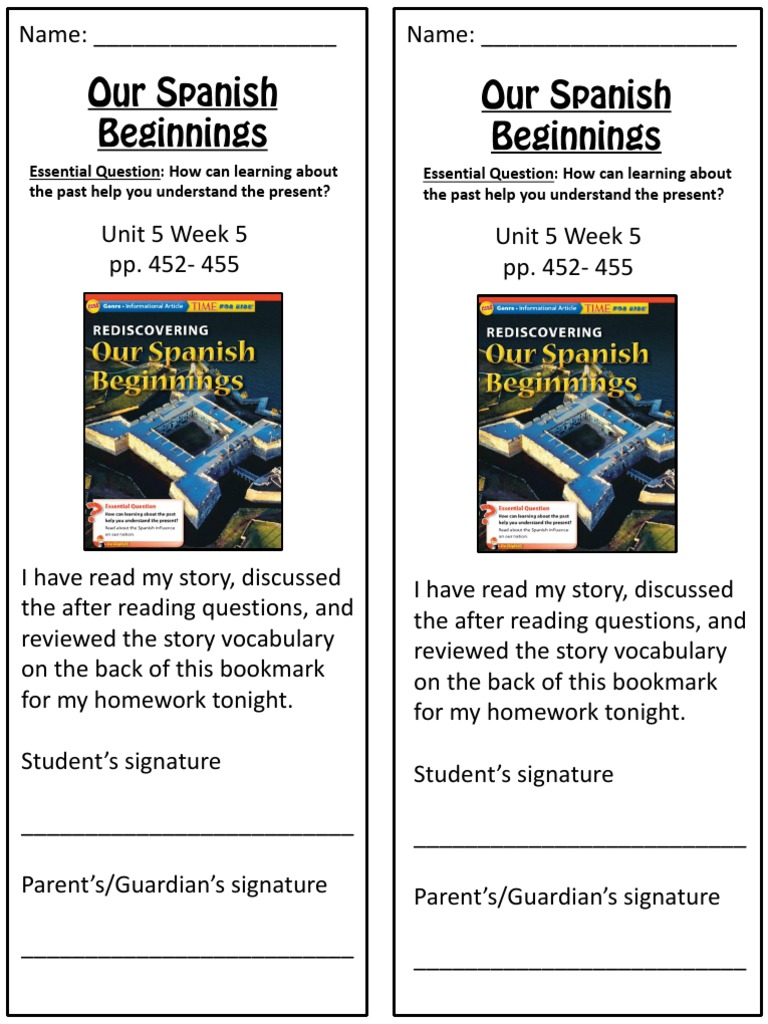 5 5 Bookmark Our Spanish Beginnings | PDF | Self-Improvement