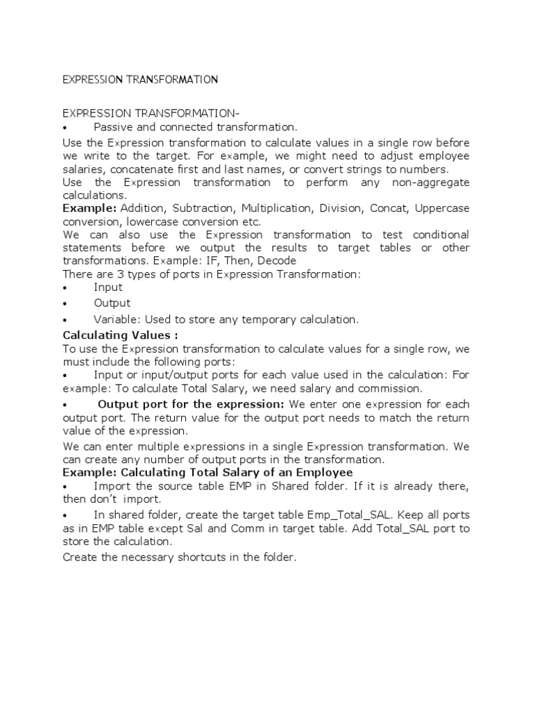 Expression Transformation Example Addition Subtraction Multiplication Division Concat