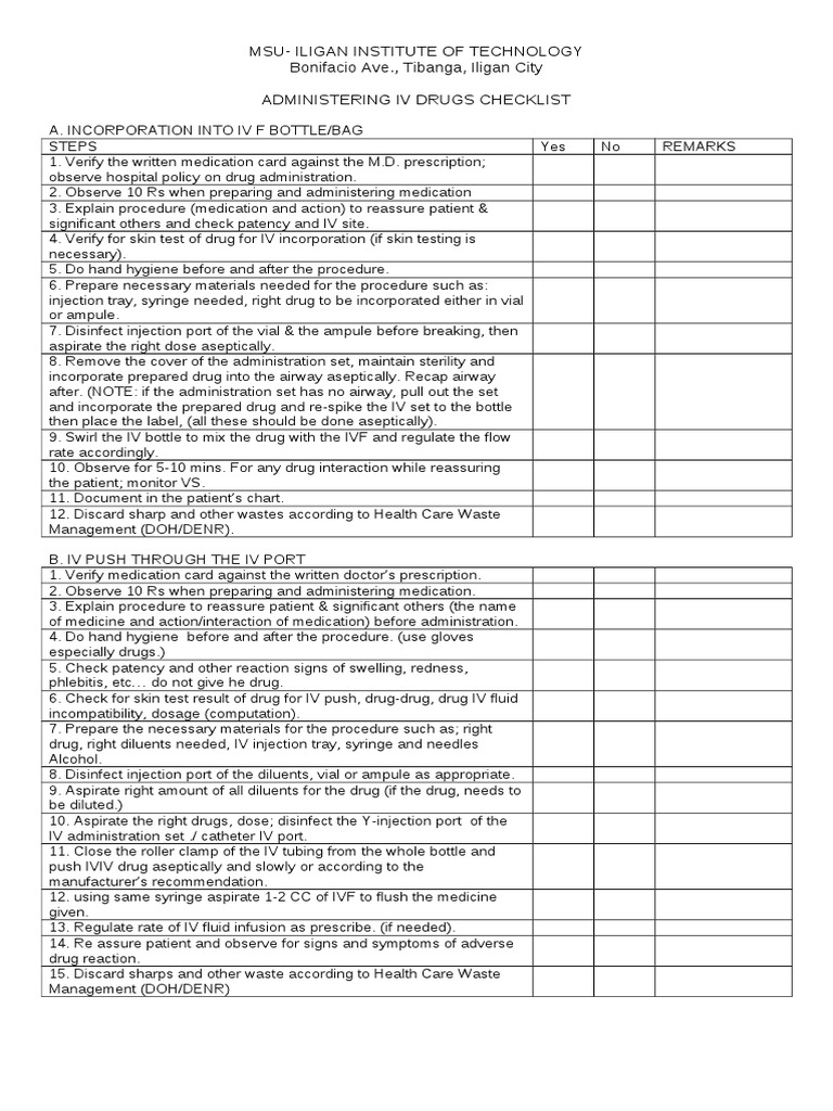 Intravenous Checklist - Doc K | PDF