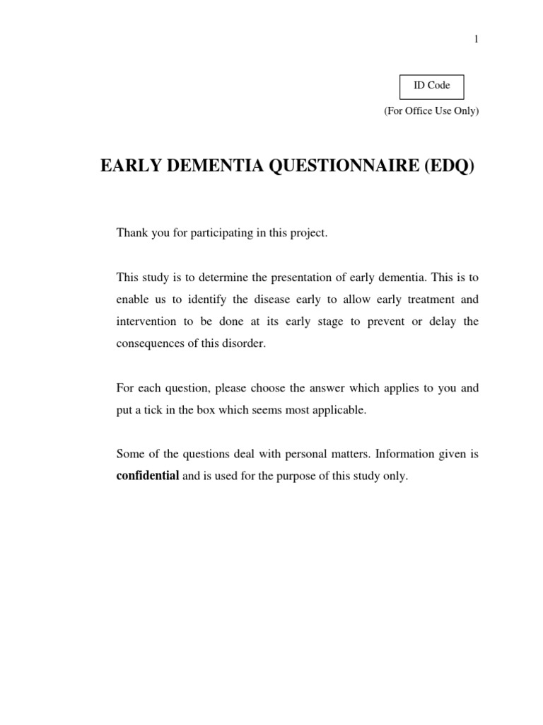 Dementia Questionnaire | Dementia | Psychiatry Related Fields