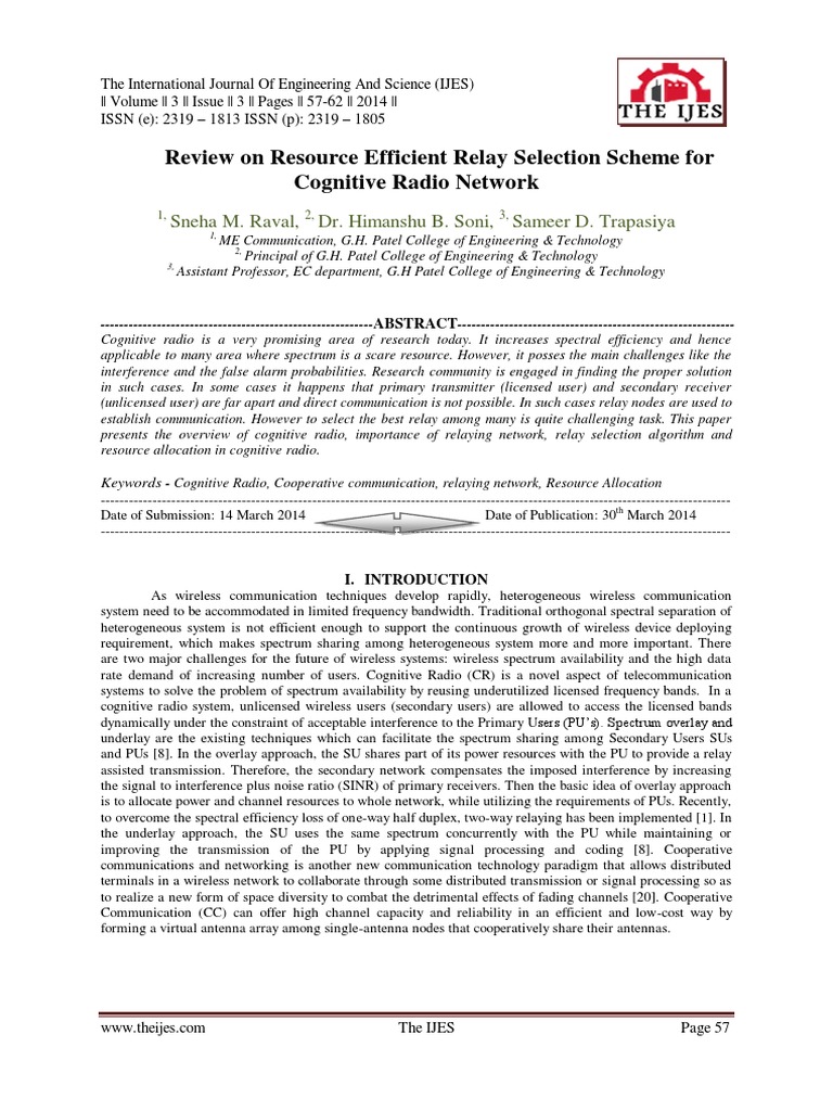 Review On Resource Efficient Relay Selection Scheme For Cognitive Radio Network | PDF ...