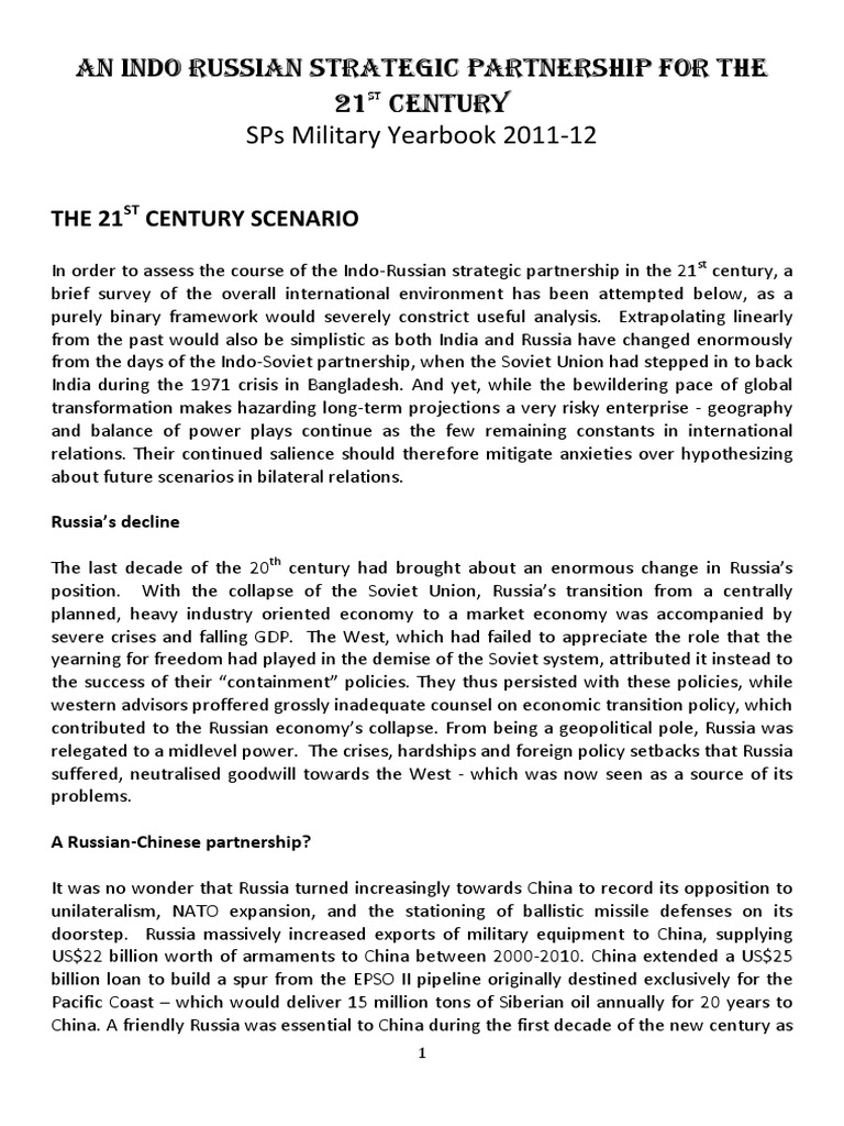 An Indo Russian Strategic Partnership For The 21 Century Sps Military ...