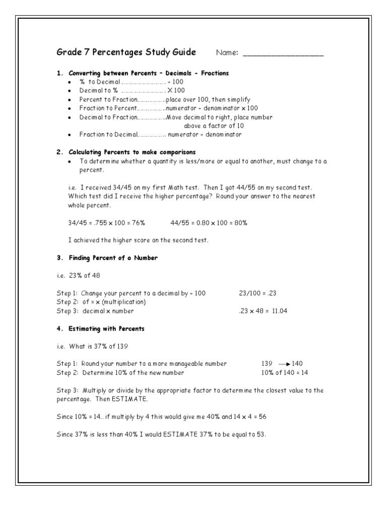 Grade 7 Percentages Study Guide | PDF | Fraction (Mathematics) | Percentage