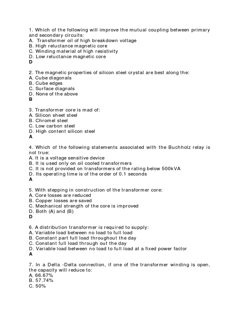 Transformer Exam Questions and Answers | PDF | Transformer | Electronics